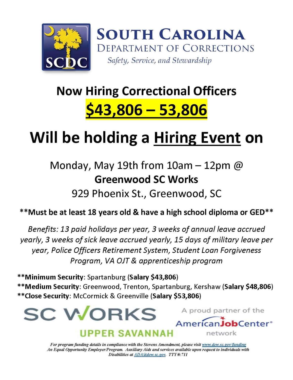 Greenwood: SCDC Hiring Event | Upper Savannah SC Works System